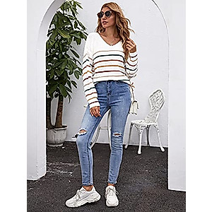 SheIn Women's V Neck Long Sleeve Sweater Drop Shoulder Striped Knitted Pullover Jumper Tops White Medium