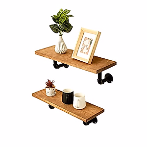 Coral Flower Reclaimed Wood Shelves with Black Industrial Pipe Brackets,Set of 2, Weathered Grey