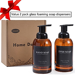 rejomiik 2 Pack Foaming Soap Dispenser Thick Glass Foam Hand Soap Dispenser for Bathroom or Kitchen Sink, 13 oz Pump Bottles for Hand soap, Body Wash, Clear Amber