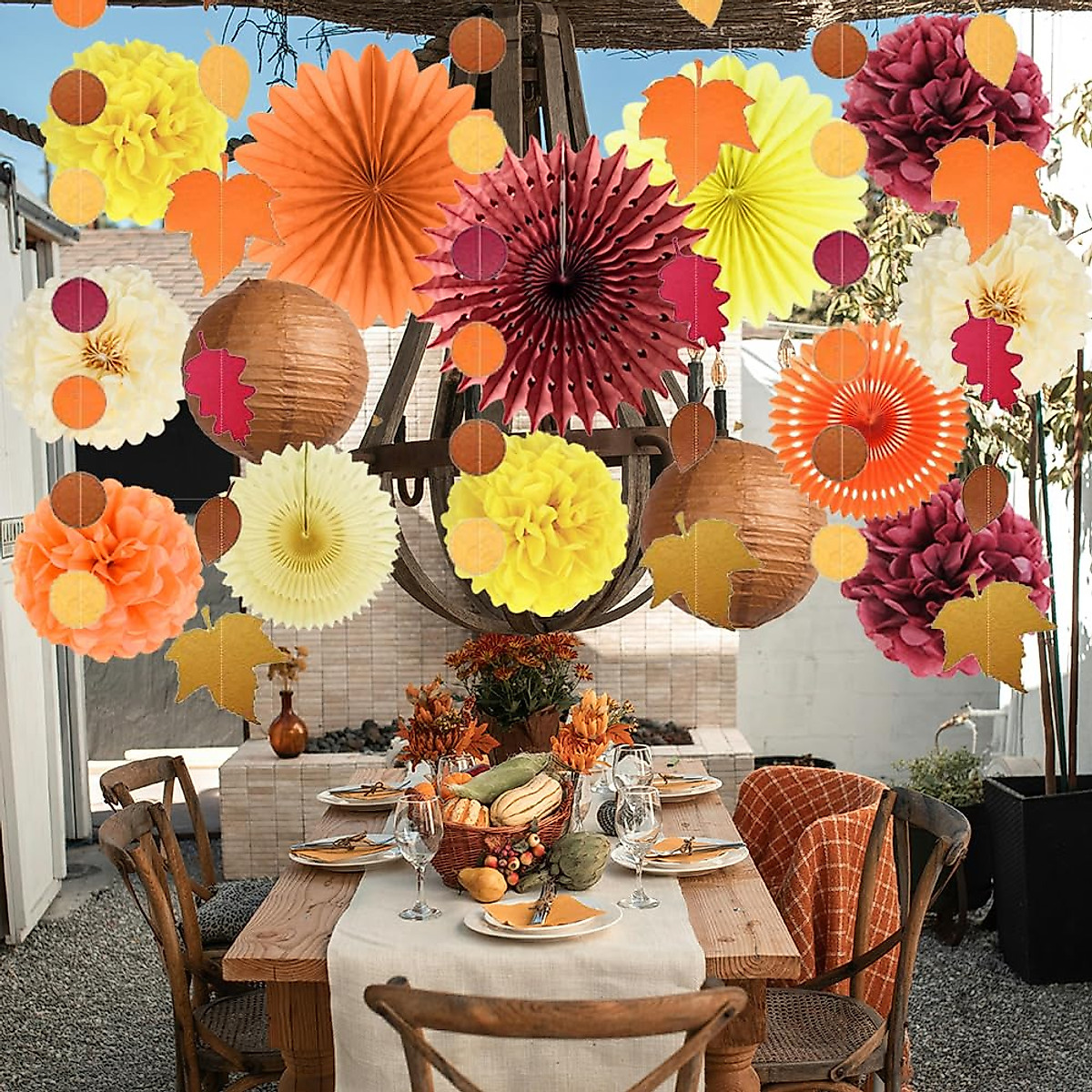Fall Party Decorations Orange Burgundy Paper Fans Yellow Paper Pom Poms Paper Lanterns Maple Leaf Garland Circle Dot for Autumn Harvest Birthday Fall Bridal Shower Baby Shower Thanksgiving Party Decor