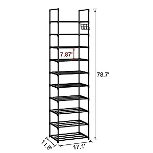 ANJETKON 10 Tier Durable Black Metal with Hooks Skinny Narrow Corner Standing Vertical Shoe Rack Tall Tower for Small Spaces Entryway Closet 20-24 Pairs Shoe and Boots Organizer Storage Shelf