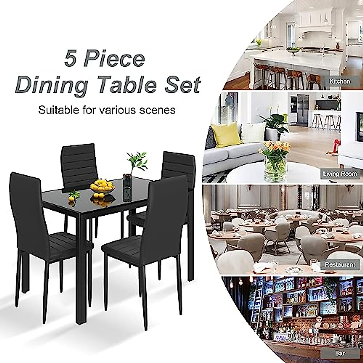 Recaceik Dining Table Set for 4, Kitchen Table and Chairs for 4, Glass Dining Room Table Set with 4 PU Leather Upholstered Chairs Modern Small Dinner Table Set Breakfast Table for Home, Black