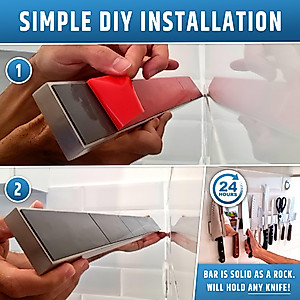 Strong Adhesive (No Drill) Magnetic Knife Holder for Wall - Professional 24 Inch Knife Strip - No Screws Needed - Adhesive Backing - Stainless Steel Knife Bar (Upgraded Version – Will Not Fall)
