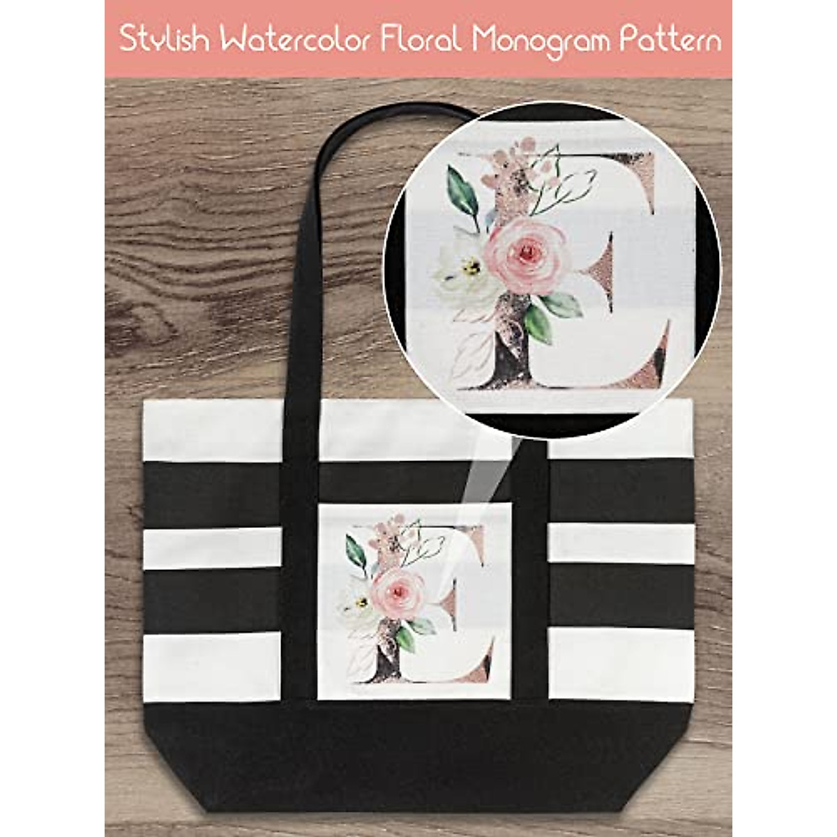 PARBEE Initial Canvas Tote Bag, Stripe & Floral Monogrammed Tote Bag with Pocket Top Zipper, Large Beach Bags Monogram Gift for Women Bridal Shower Wedding Birthday Mom Teachers, B