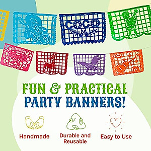 TexMex Fun Stuff 16 Ft Coco Movie Papel Picado Plastic (10 Extra Large Panels) Fiesta Party Decorations, Mexican Party Banners, Plastic Day of The Dead Banner, Cinco de Mayo Decorations Coco Theme