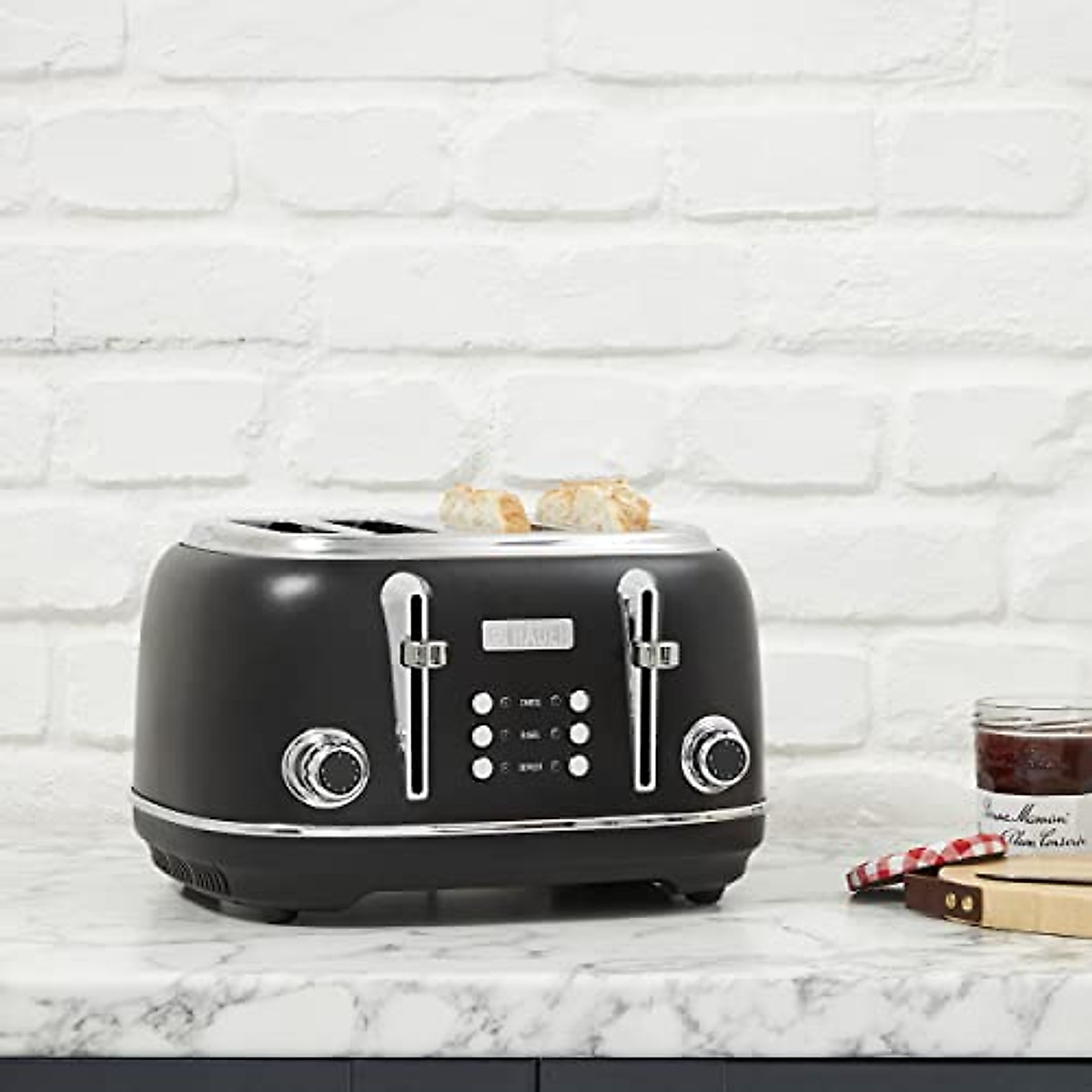 Haden Heritage 4-Slice Wide Slot Retro Toaster with Automatic Self-Center, Adjustable Settings, Reheat/Defrost, & Removable Crumb Tray, Black/Chrome