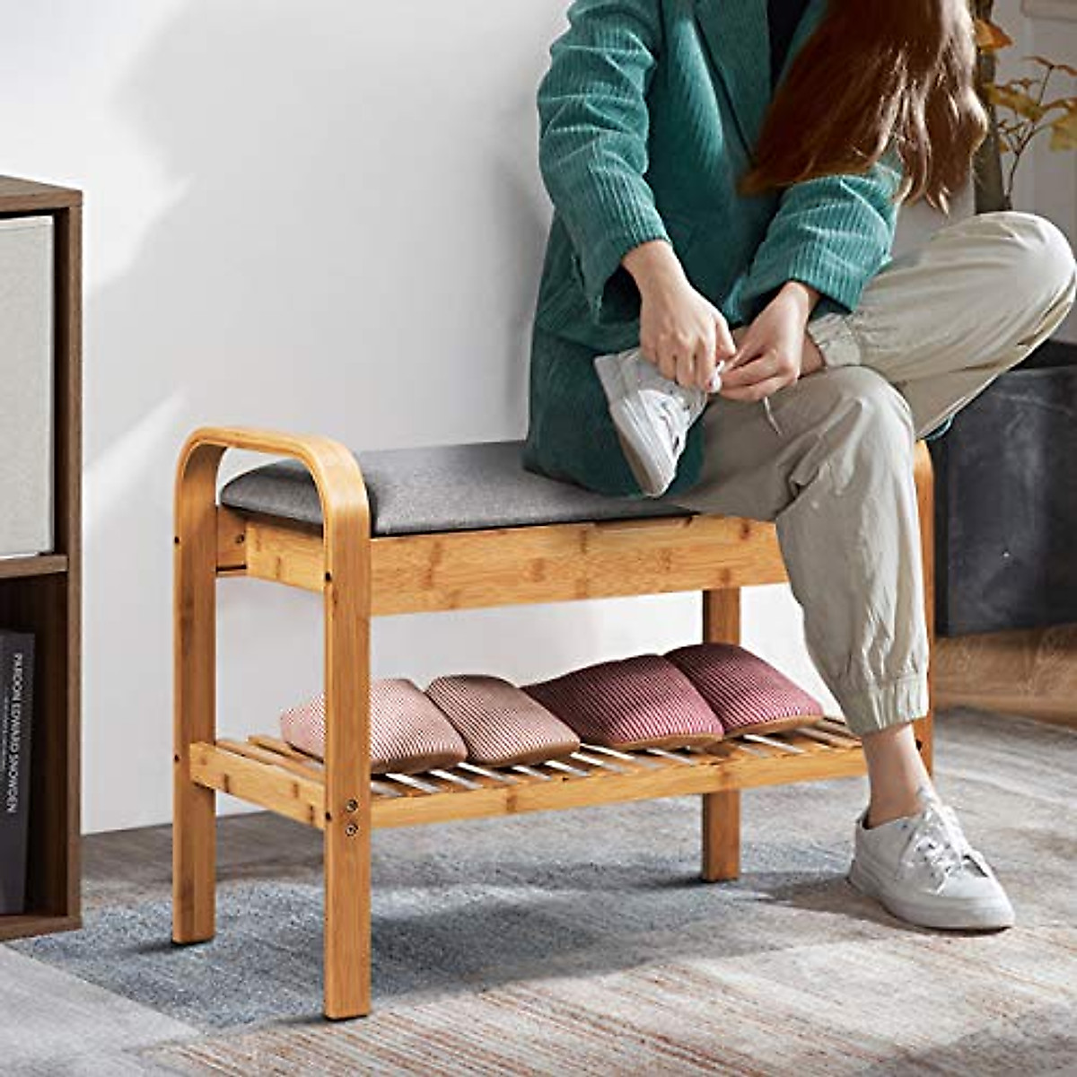 Giantex Shoe Rack Bench with Storage, Bamboo Storage Bench with Cushioned Seat, Padded Seat Shoe Bench with Storage Shelf, Shoe Organizer for Entryway, Hallway, Bedroom, Holds Up to 330 LBS
