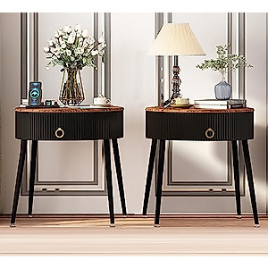 OIOG Side Tables Set of 2, Round Nightstand with Drawer, Modern Bedside End Tables for Small Space, Living Room, Bedroom, Office, Dorm, Rustic Brown and Black