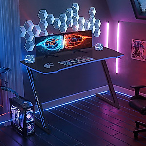 XXkseh 47 in Gaming Desk Z-Shaped Home Computer Desk with Hook Large Gaming Table for Work Study, PC Gaming Workstation with Carbon Fiber Surface, Sturdy Metal Frame, Stable and Durable, Red