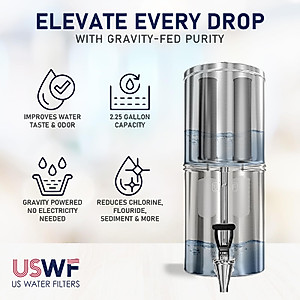 USWF Gravity Fed Water Filter System - 2.25 Gal Stainless Steel w/ 2 Carbon Filters, 2 Fluoride Filters, Portable Countertop Filtration System, Metal Sight Glass Spigot, Stand, NSF/ANSI 372 Certified