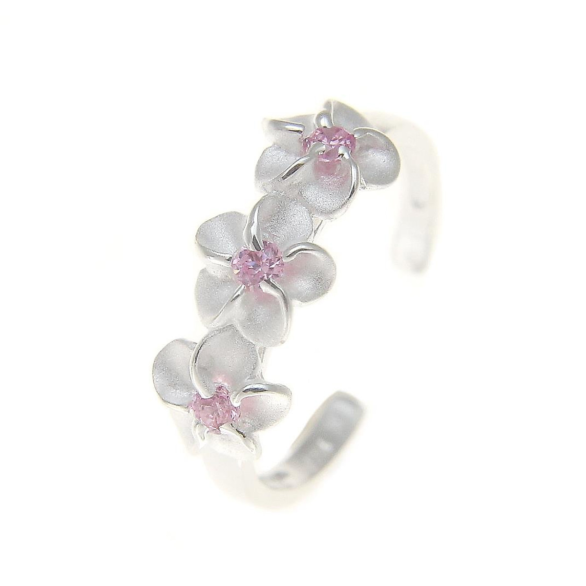 Arthur's Jewelry 925 sterling silver Hawaiian 3 triple plumeria flower pink cz open toe ring