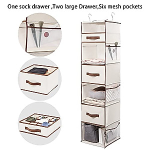 Vercord 6 Shelf Hanging Closet Organization Foldable Hanging Shelves Clothes Storage with 2 Large Drawer 1 Sock Drawer 6 Mesh Pocket.