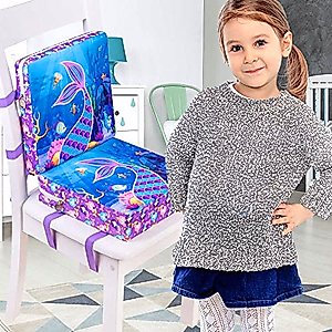 2PCS Toddler Booster Seat for Dining Table, Chair Increasing Cushion for Baby Kids, Washable Thick Chair Seat Pad Mat Strap, Portable Dismountable Adjustable Highchair Booster - Mermaid