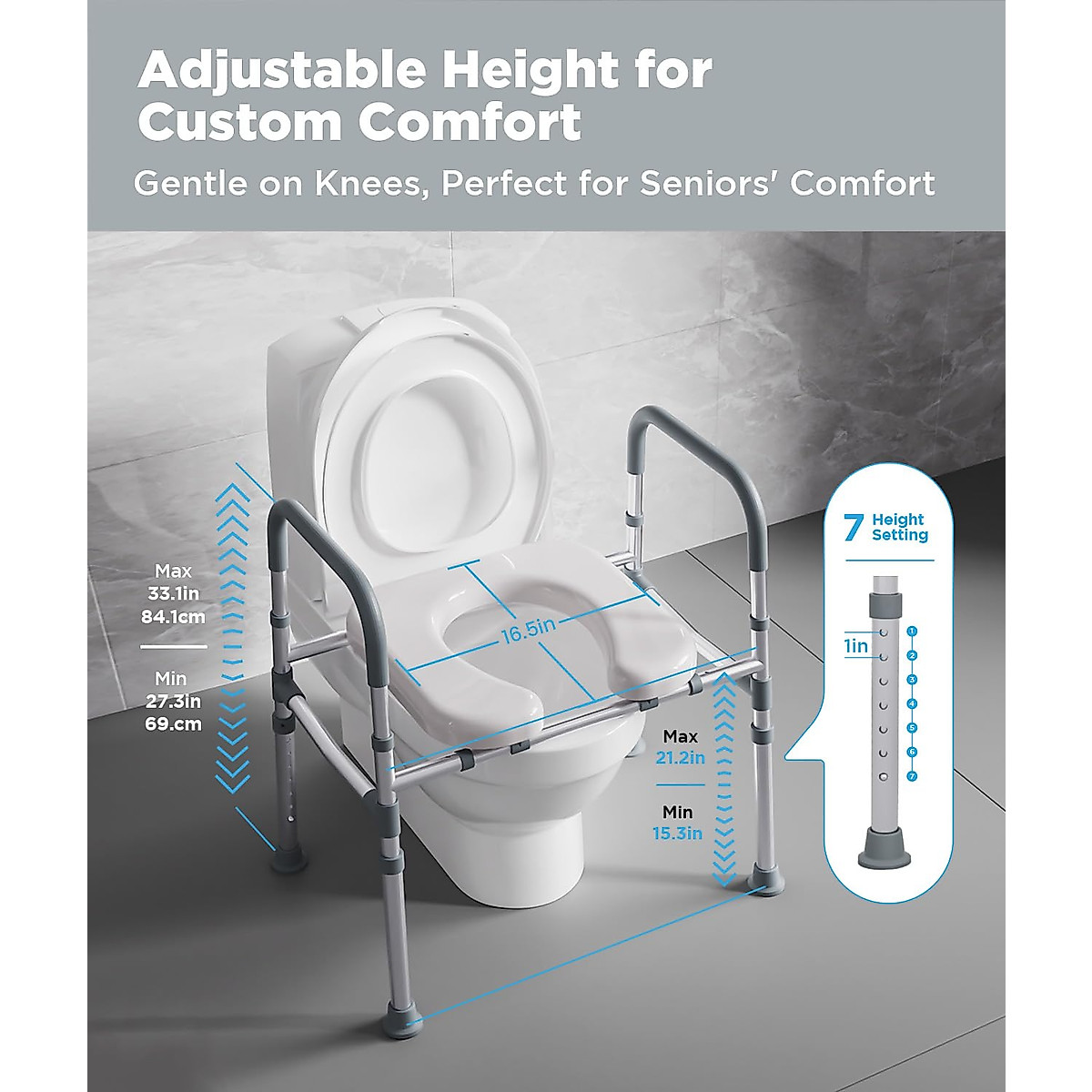 Raised Toilet Seat with Handles, Toilet Seat Risers for Seniors with Adjustable Height & Width, Up to 500 lbs, Elevated Stable Toilet Seat for Seniors, Handicapped, Pregnant, Fits Any Toilet
