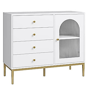 finetones White Dresser, Modern Dresser White and Gold Dresser with Waveform Glass Door and Gold Metal Legs, Gold Dresser Storage Chest of Drawers for Home