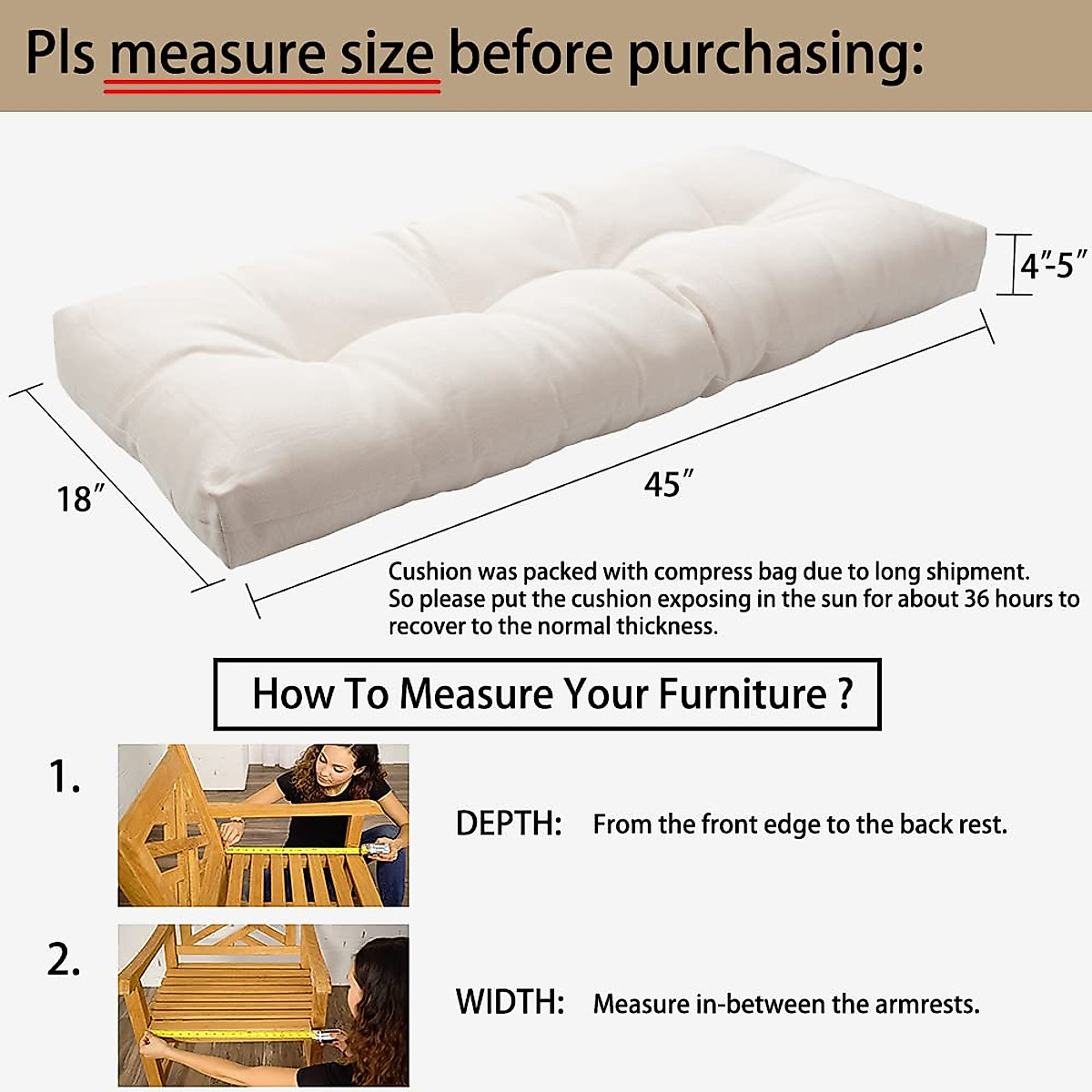 Magpie Fabrics Patio Bench Cushion 45"x18", Indoor/Outdoor Non-Slip Water Resistant Long Seat Pads, Tufted Loveseat Cushion for Swing, Settee, Window, Garden, Wicker, Front Porch(Recycled Cream White)