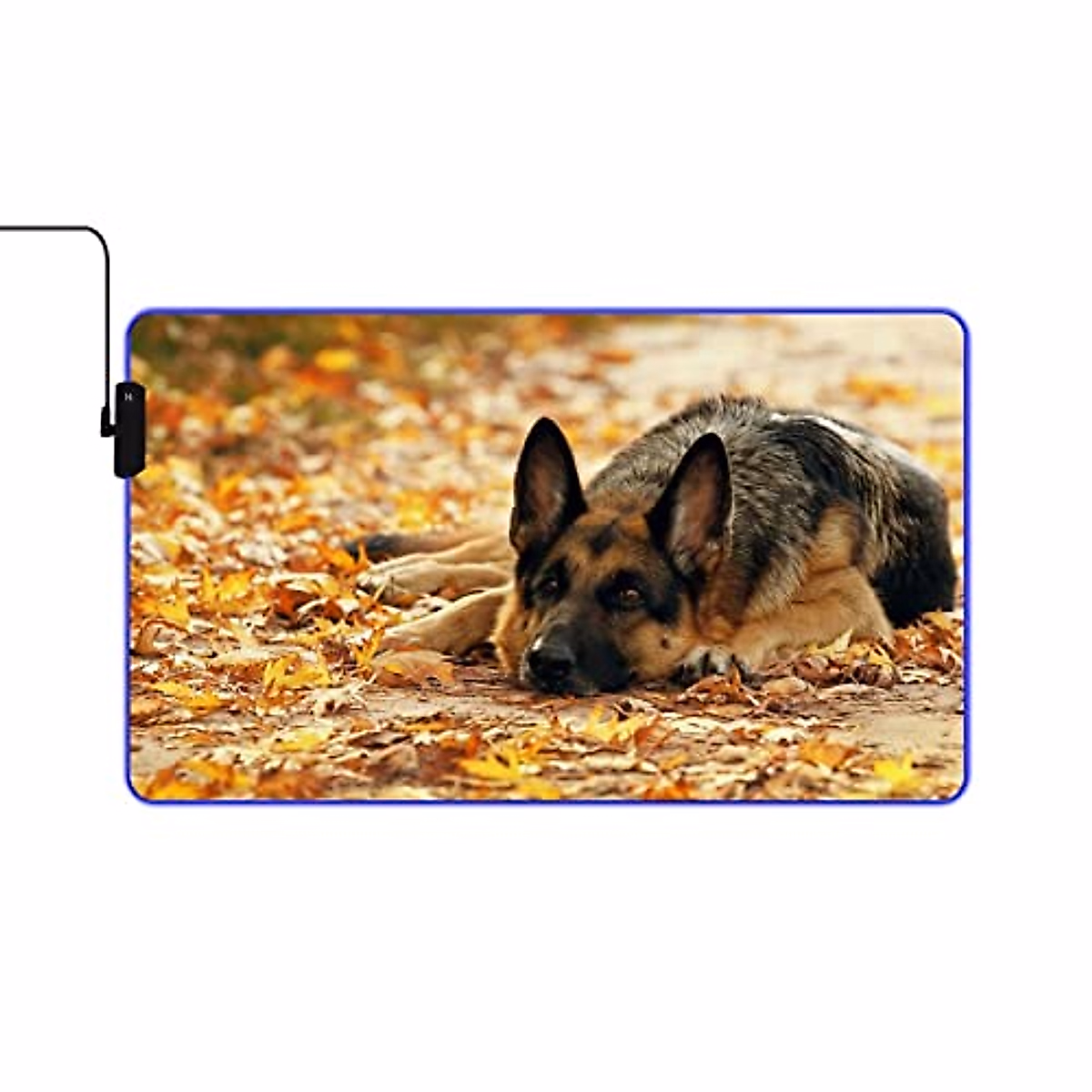 Gaming Mouse Pad and Desk Mat, German Shepherd Dog Autumn Leaves Large Extended Mouse Pad with RGB LED Edge and Anti-Slip Rubber Bottom Keyboard Mouse Mat for Laptop/Gamer 23.6x13.8 Inch