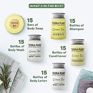 Terra Pure Hotel Soaps and Toiletries Bulk Set | 1-Shoppe All-In-Kit Amenities for Hotels | 1oz Hotel Shampoo & Conditioner, Body Wash, Body Lotion & 1.25oz Bar Soap Travel Size Toiletries | 75 Pieces