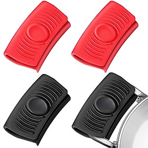 2 Pairs Silicone Assist Handle Holder Heat Insulated Hot Pot Grip Handle Cover Sleeve Grip for Cast Iron Woks, Pans, Griddles, Skillets, Plates (Red and Black)