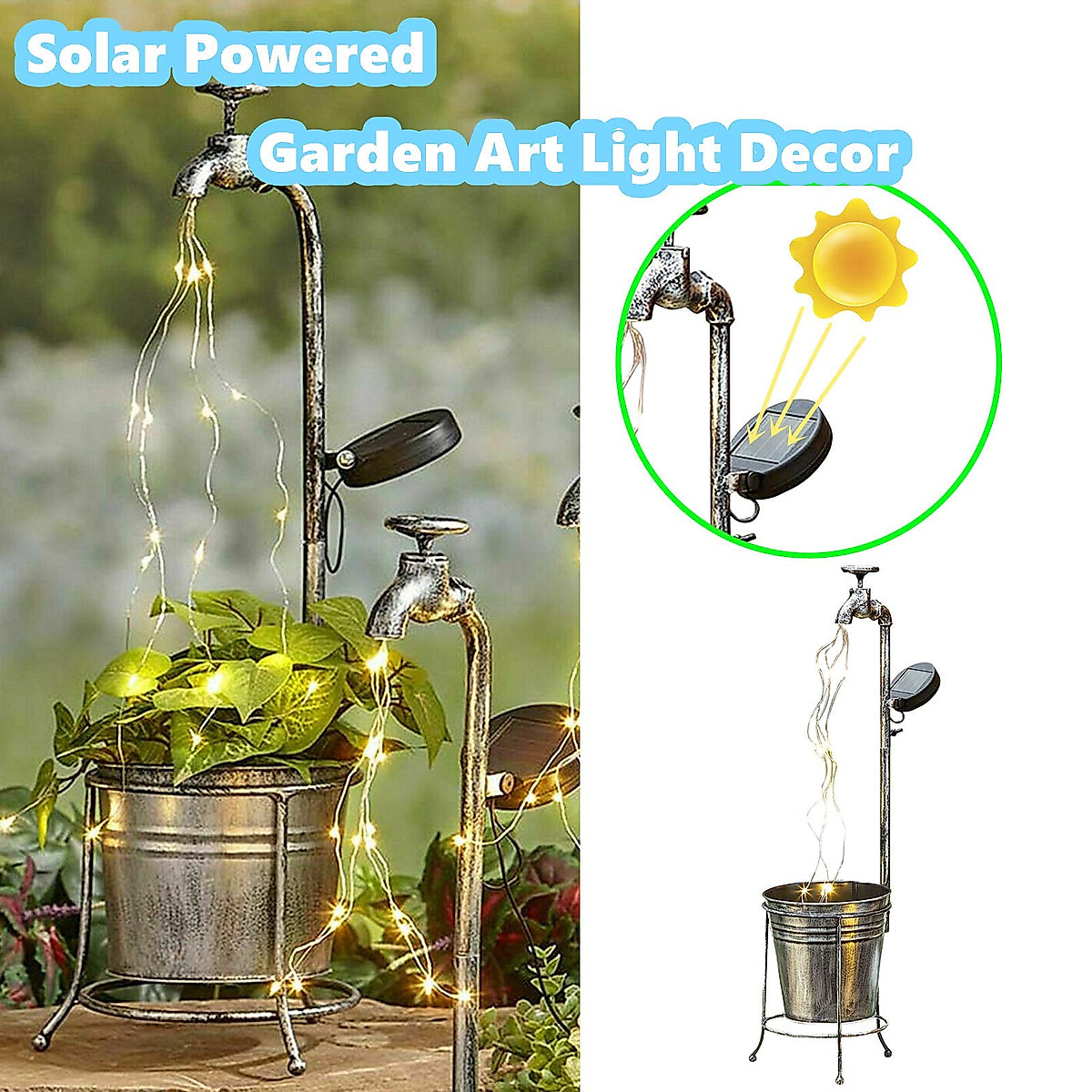 Fragarn Star Shower Garden Art Light Decor Solar Water Faucet and Plant Pot Lights Outdoor Decoration Stainless Waterproof Landscape for Patio Pathway Lawn Yard