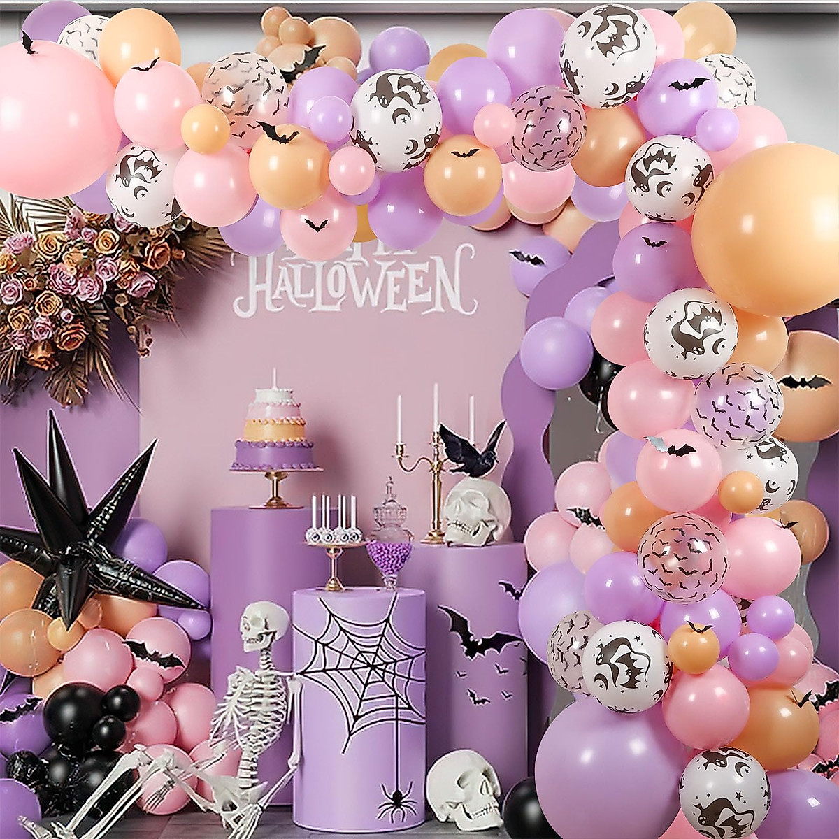 Halloween Balloon Arch Garland Kit, 122Pcs Pink Purple Ghost Halloween Balloons Arch with Wall Stickers Halloween Decorations for Halloween Baby Shower Decorations Halloween Day Decorations