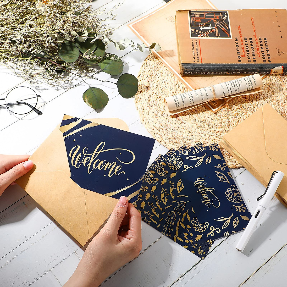 Fumete 72 Pcs Welcome Note Cards with Kraft Envelopes and Stickers, Assorted Designs, Ideal for Weddings, Christmas, Baby Showers