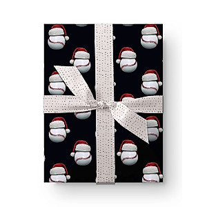 Cute Santa Hat Baseball Gift Wrap Thick Wrapping Paper Bball Themed Christmas Holiday Party Decoration (One 20 inch x 30 inch sheet)
