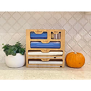 5 in 1 Ziplock Bag Organizer for Drawer - Easy to Use Plastic & Aluminum Foil Wrap Dispenser With Cutter Made of Premium Quality Solid Bamboo - Compatible for Gallon, Quart, Sandwich & Snack Size