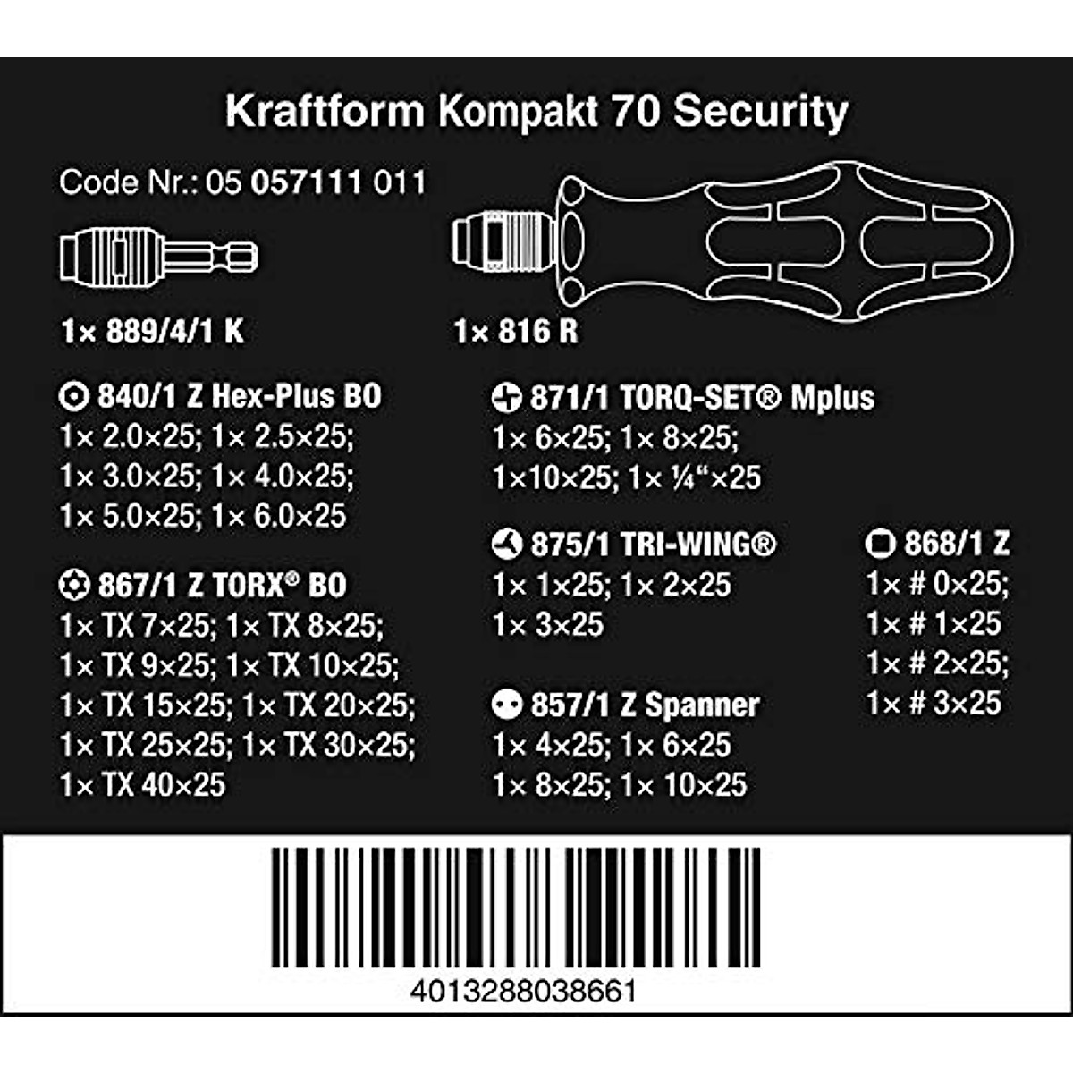 Wera - 5057111001 Kraftform 71 Kraftform Kompakt Security 32 Piece set, Hexagon 1/4"
