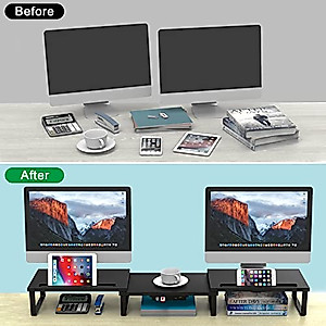 AQQEF Dual Monitor Stand Riser, Adjustable Length and Angle, Computer Monitor Desk Shelf with USB3.0 and Slot for Tablet and Cellphone, Wooden Desktop Oraganizer Stand for 2 Monitors