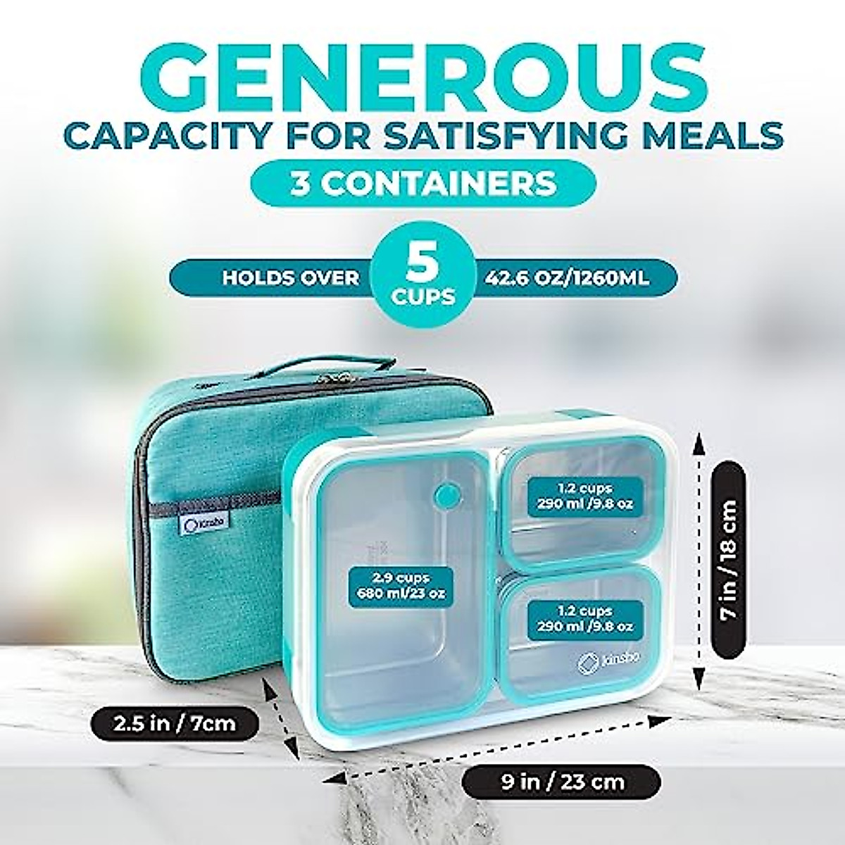 Stainless Steel Bento Lunch Box for Adults Kids with Insulated Bag and Ice Pack, Set of 3 Large Leakproof Meal Prep Food Containers for Men or Women, Lunch-Boxes for Work or School, 42 oz Teal Blue