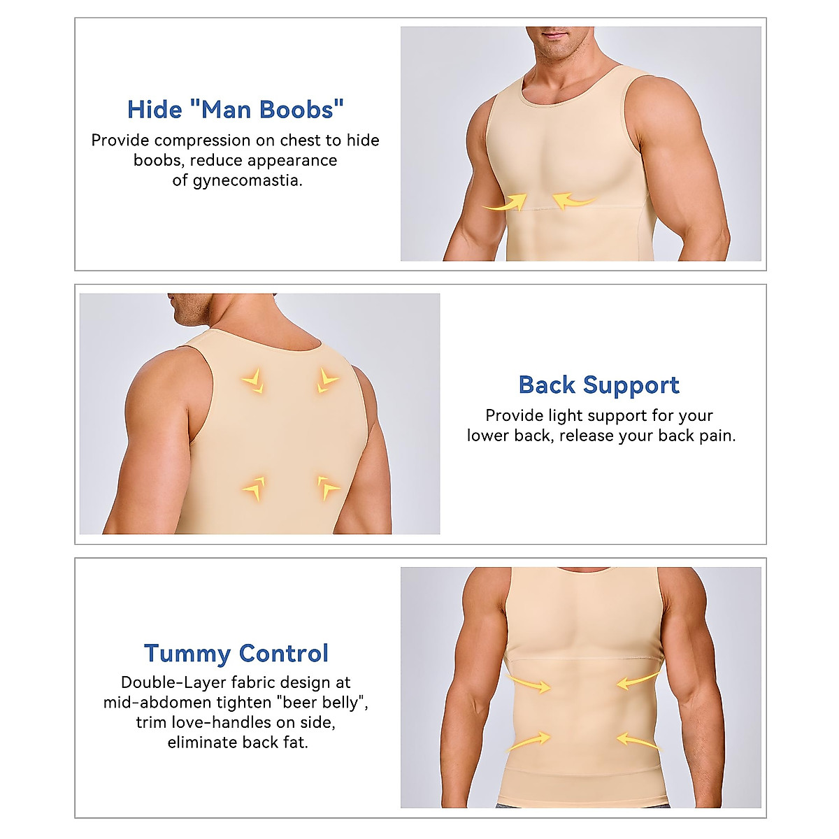 Eleady Mens Slimming Body Shaper Vest Compression Shirt Abs Abdomen Shapewear Workout Tank Top Undershirt (Small, Beige Tops)