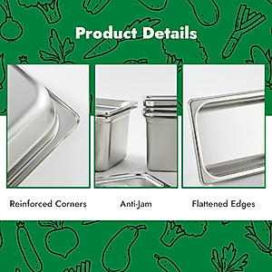 HECMAC 6 Pack Anti-Jam Hotel Pans, 1/3 Size 4 Inch Deep, Commercial Stainless Steel Chafing Steam Table Pan, Catering Storage Metal Food Pan