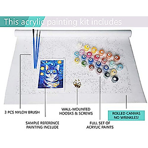 VATO DIY Oil Painting Paint by Numbers kit Canvas Painting for Adults & Kids Beginner,16" x 20"(Starry Sky & Cat)