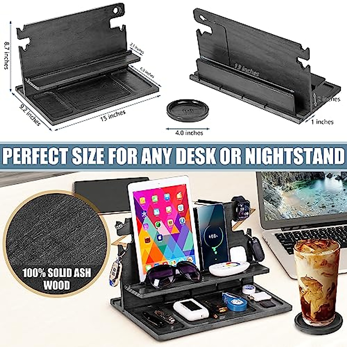 Black Extra Large Wood Phone Docking Station - Nightstand Organizer for Men & Women, iPad Stand For Desk, Tablet Stand Holder, Apple Watch Compatible, Holds Phones, Tablets, Keys, Glasses, EDC & more