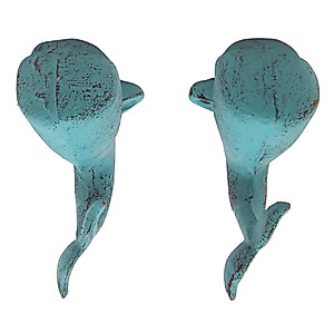 Turquoise Whale Cast Iron Wall Hooks, Wall Mounted for Hanging Coats, Purses, Towels, Hats, Beach Themed Wall Décor, Set of 2, 4 Inches High