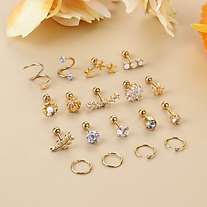 IRONBOX 18 Pcs 16G Cartilage Earrings Studs for Women Men Surgical Steel Tragus Couch Helix Piercing Jewelry Opal Flower Leaf CZ Cartilage Helix Earrings Gold