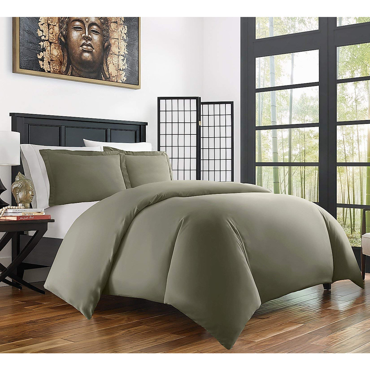 100% Pure Cotton Duvet Cover Set, 600 Thread Count with Zipper & Corner Ties 3 Piece Set-1 Duvet Cover and 2 Pillowshams, Super Soft and Easy Care Luxury Duvet Cover Set (Twin/TwinXL, Olive)