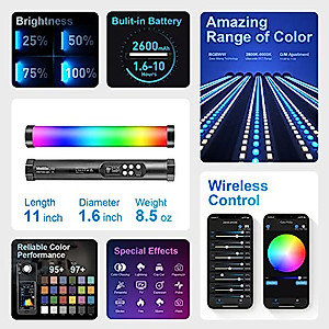 Mettlelite TLX1 RGB Tube Light LED Full Color Portable Video Light with APP Control 2800K-8000K CRI96 TLCI97 360° RGB CCT HSI Mode 10 Customizable Light Effects Rechargeable Battery Magnet Design