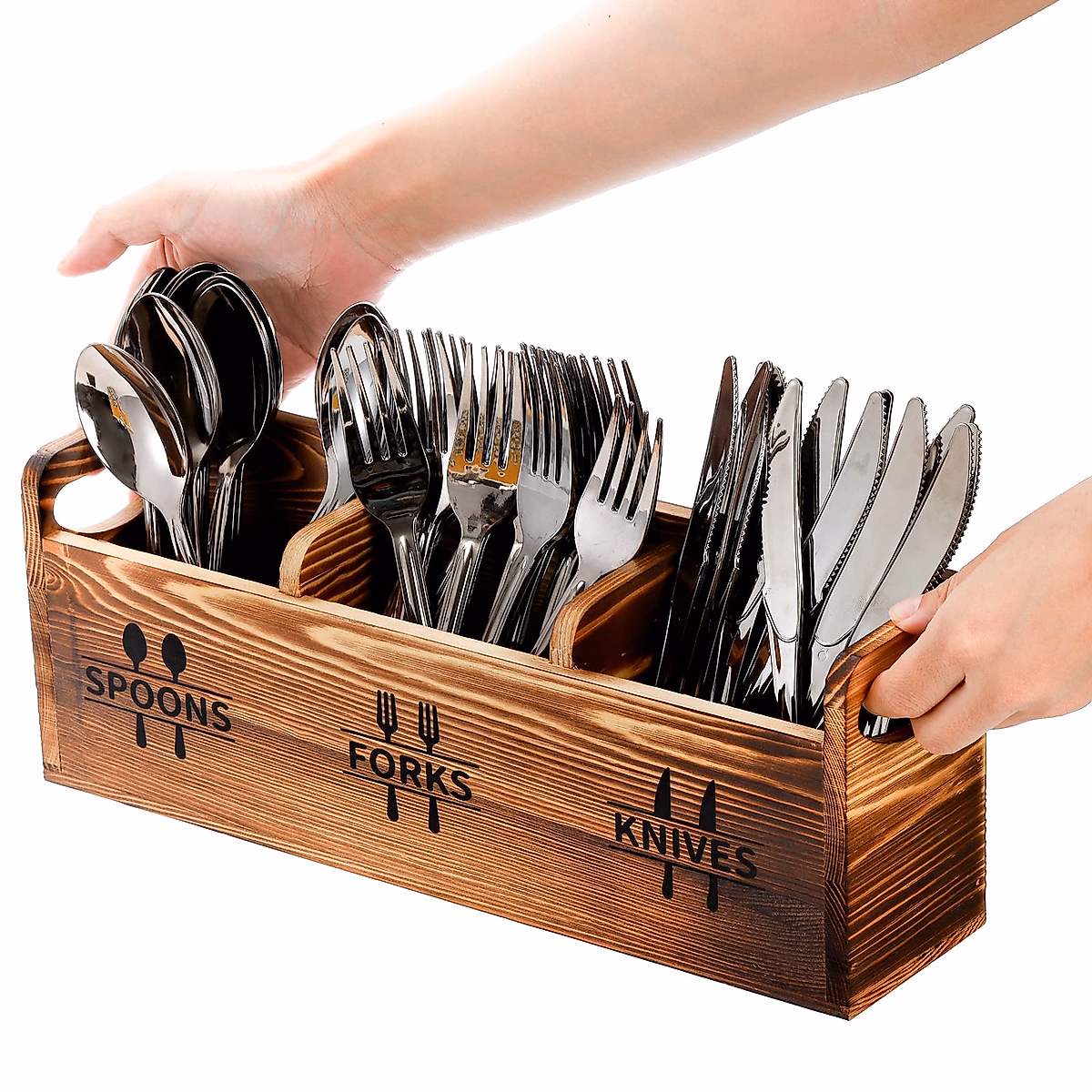 Fasmov 2 Pack Silverware Caddy, Wooden Utensil Caddy Silverware Cutlery Holder with 3 Compartment, Utensil Holder for Spoons, Knives, Forks, Perfect for Farmhouse Kitchen Decor and Countertop