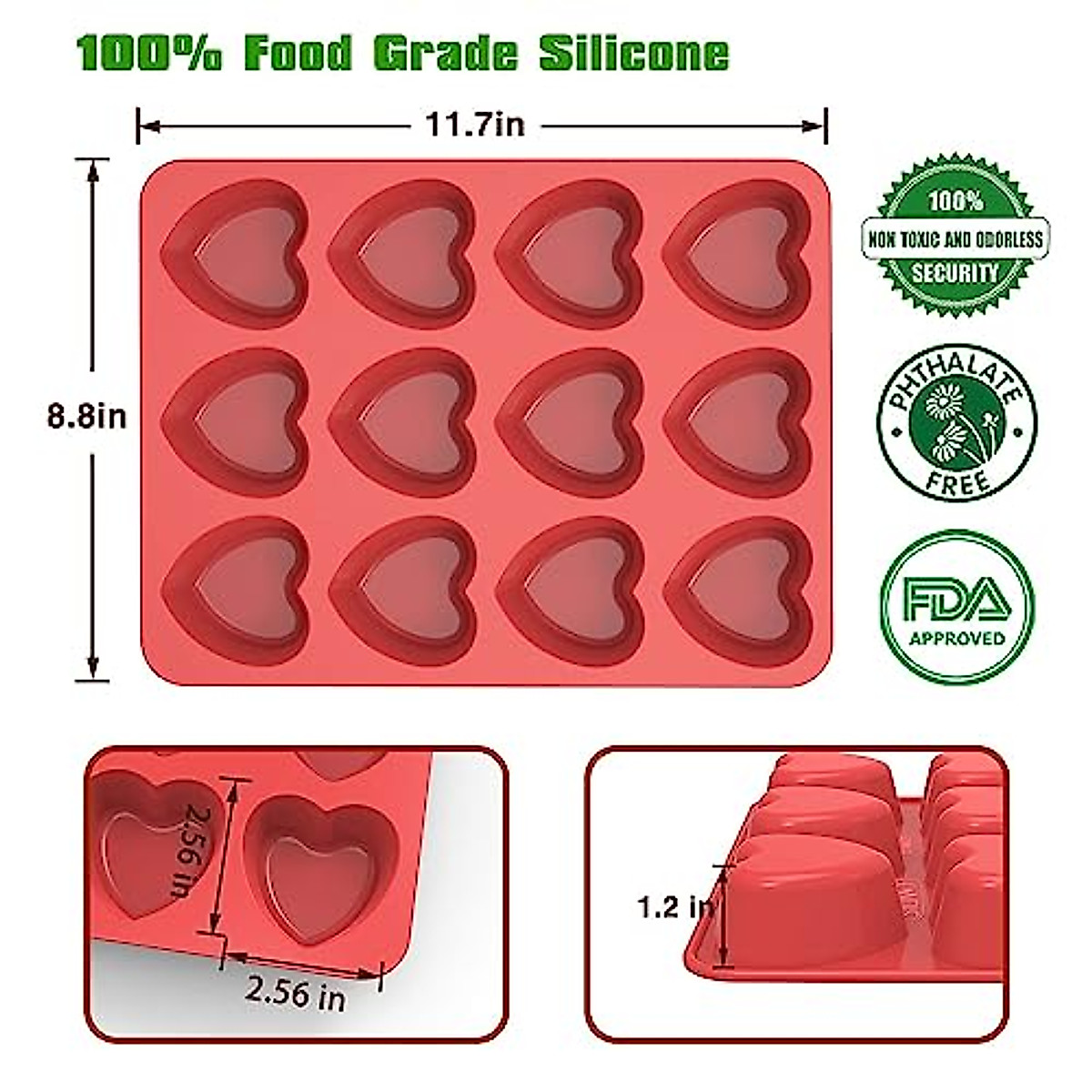 SILIVO Silicone Heart Shaped Muffin Pan (2 Pack) - Nonstick Heart Shaped Silicone Molds for Baking, Heart Shaped Cupcake Pan for Brownies, Tartlets and Egg Bites