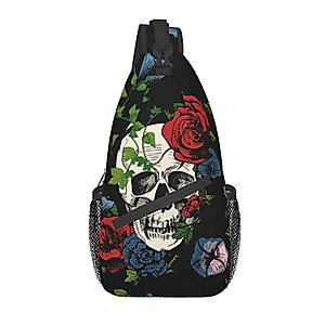 Yrebyou Skull Sling Bag Crossbody Shoulder Backpack for Women Men Hiking Travel Small Lightweight with Strap Daypack Cross Chest Bag Over Side Pack with Adjustable Strap Bottle Holders