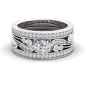 Diamondere Certified Moissanite and Diamond Engagement Ring Set in 14K White Gold | 0.98 Carat Trio Wedding Ring Sets, US Size 7