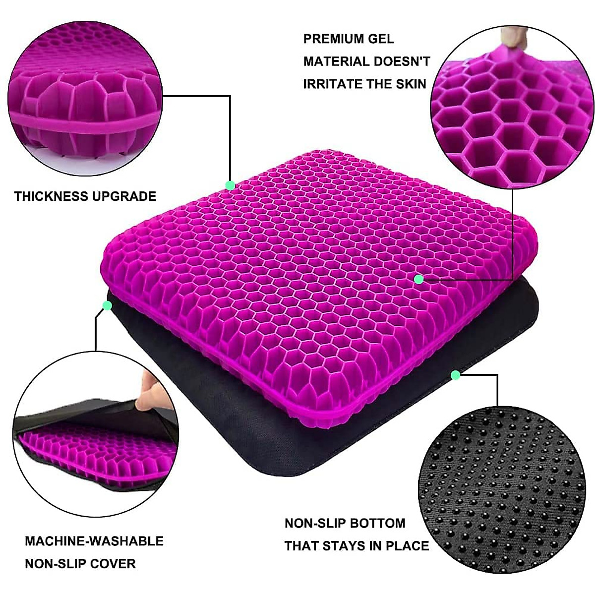 Gel Seat Cushion, Office Seat Cushion Chair Pads for Office Home Car Wheelchair Long Trips - Extra Thick Gel Cushion for Pressure Sores, Tailbone, Back, Sciatica Pain Relief (Extra Thick, Violet)