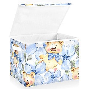 RunningBear Blue Flowers Teddy Bear Large Storage Bins with Lid Collapsible Storage Bin Dog Toy Storage Bin Fabric Storage Baskets for Closet Nursery Cabinet Living Room