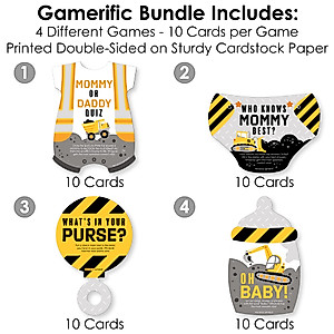 Big Dot of Happiness Dig It - Construction Party Zone - 4 Baby Shower Games - 10 Cards Each - Gamerific Bundle