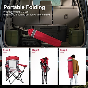 HIGH POINT SPORTS Portable Mesh Back Camping Folding Chair, Portable Camping Chair for Adults, Heavy Duty Fishing Lawn Chair, Padded Collapsible Outdoor Chair for Adults, Outdoor, Garden, Patio, Red