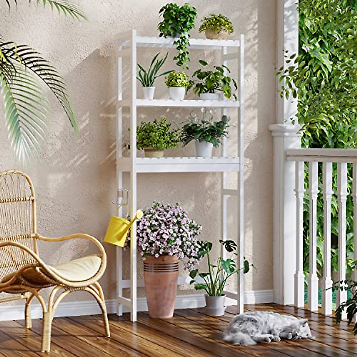 linstock Over The Toilet Storage, 3 Shelf Bathroom Space Saver, Bamboo Stable Freestanding Above Toilet Stand with 3 Hooks for Bathroom, Restroom, Laundry, White