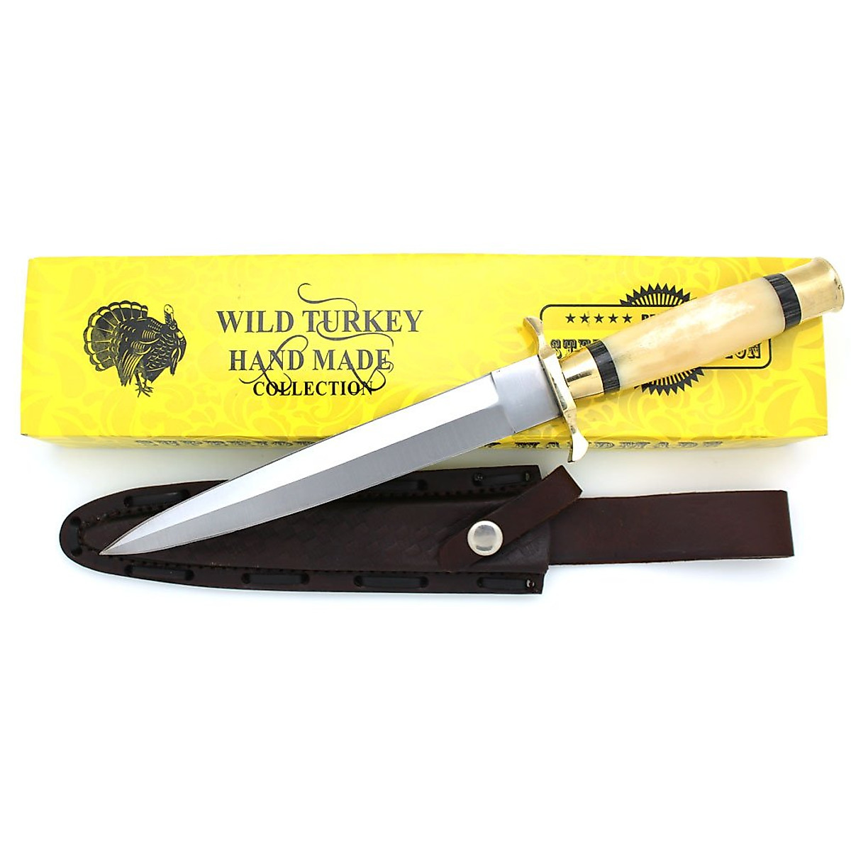 Wild Turkey Handmade Dagger Style Fixed Blade Hunting Knife w/Leather Sheath Hunting Camping Fishing Outdoors (Bone)
