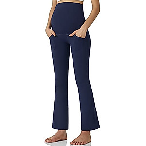 POSHDIVAH Women's Maternity Work Pants Yoga Lounge Stretchy Bootcut Flare Pants Pregnancy Dress Trousers for Business Casual Navy Blue Small